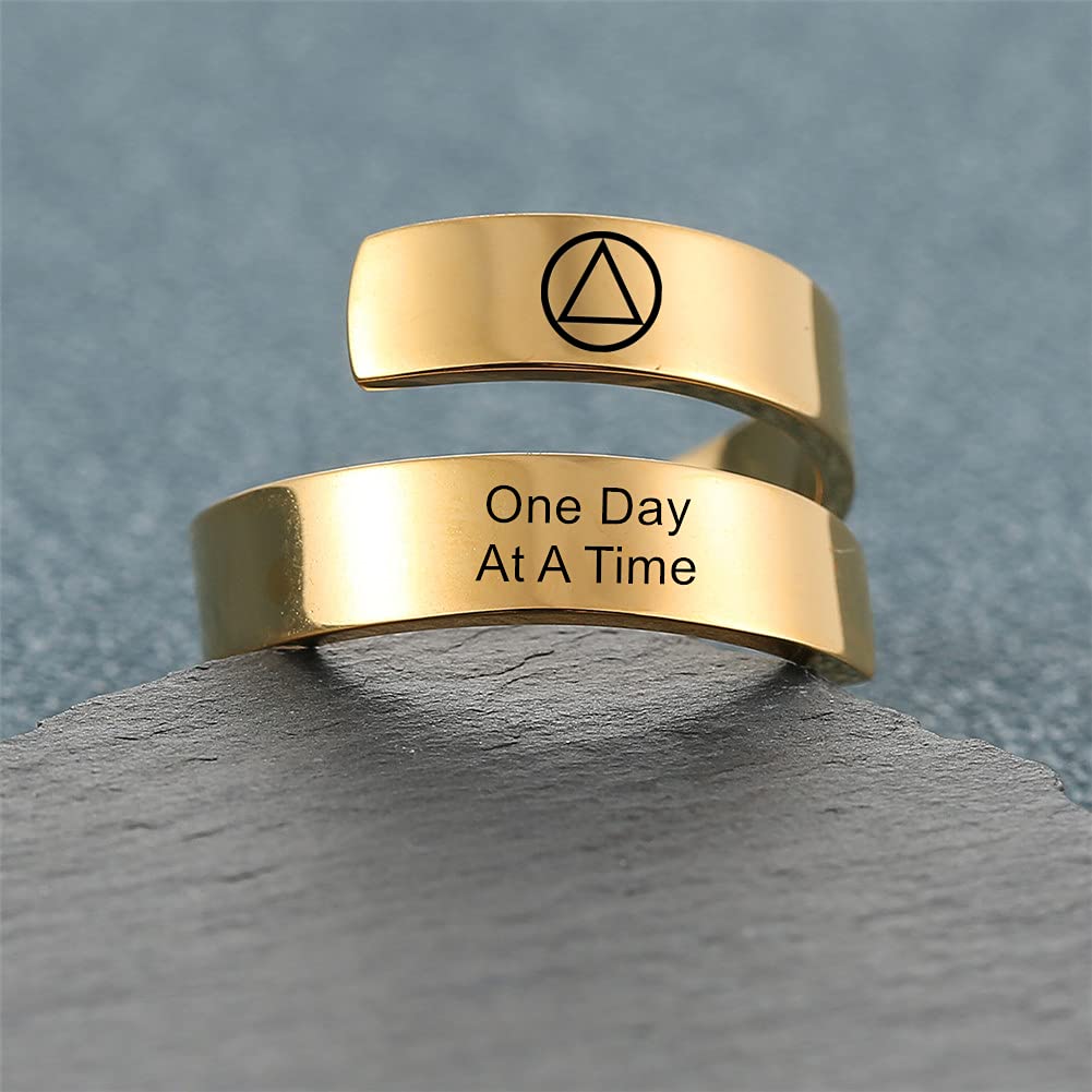 Personalized AA NA Sobriety Gift for Women Men Stainless Steel 18K Gold Plated Sober Recovery Cuff Ring Alcoholics Anonymous Addiction Surgery Recovering Anniversary Jewelry,One Day At A Time