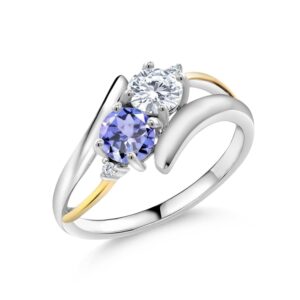 gem stone king 925 silver and 10k yellow gold white moissanite and blue tanzanite and white moissanite 2-stone crossover ring for women (0.98 cttw, size 8)