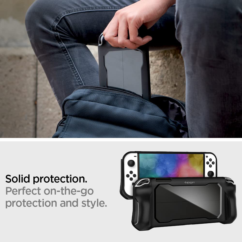 Spigen Rugged Armor Designed for Nintendo Switch OLED Model 7 Inch and Joy-Con Controller TPU Grip with Strap Protective Case (2021) - Matte Black