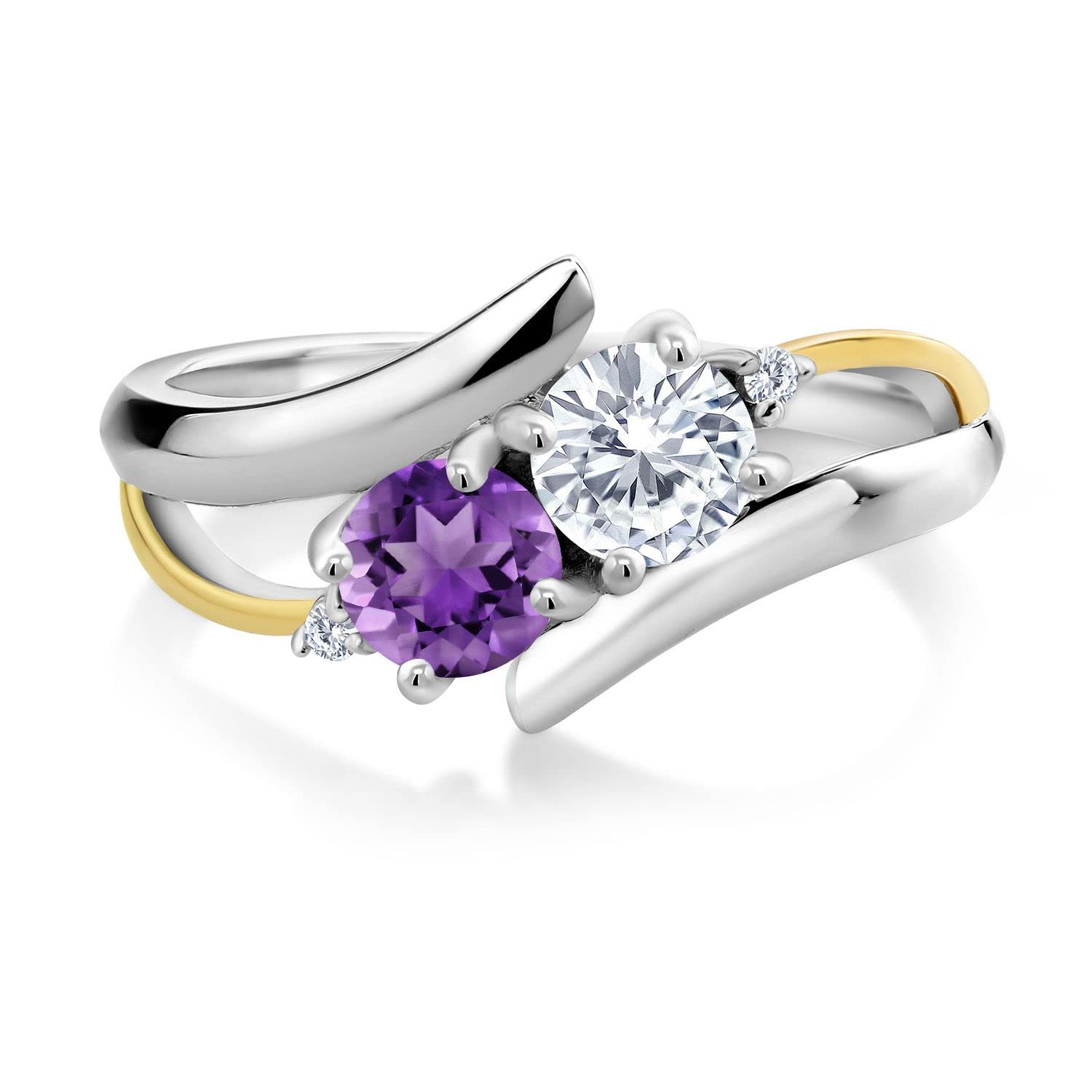 Gem Stone King 925 Silver and 10K Yellow Gold White Moissanite and Purple Amethyst and White Moissanite 2-Stone Crossover Ring For Women (1.00 Cttw, Size 8)