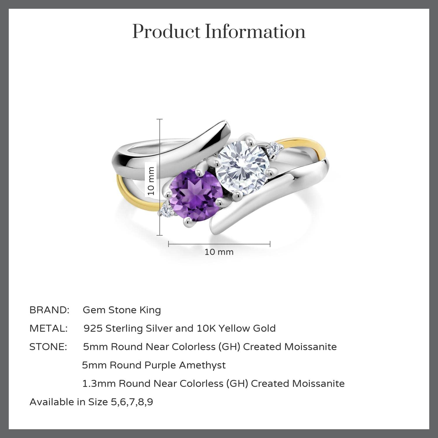 Gem Stone King 925 Silver and 10K Yellow Gold White Moissanite and Purple Amethyst and White Moissanite 2-Stone Crossover Ring For Women (1.00 Cttw, Size 8)