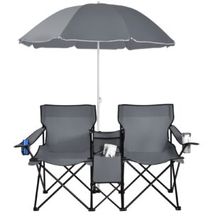 goplus double camping chair with umbrella, folding loveseat chairs w/canopy shade, carrying bag, table, cup holder, portable beach chairs outdoor picnic patio (grey)