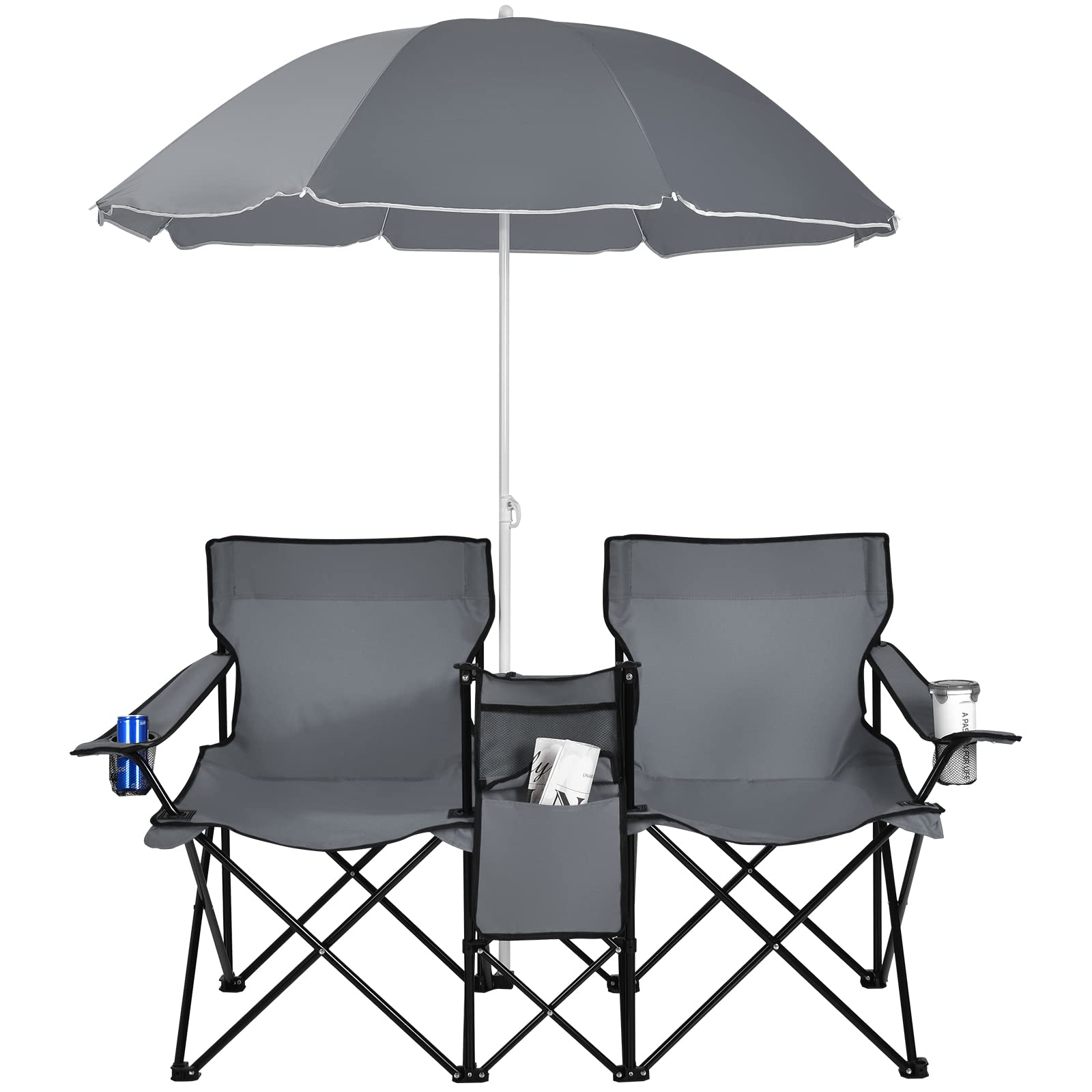 Goplus Double Camping Chair with Umbrella, Folding Loveseat Chairs w/Canopy Shade, Carrying Bag, Table, Cup Holder, Portable Beach Chairs Outdoor Picnic Patio (Grey)