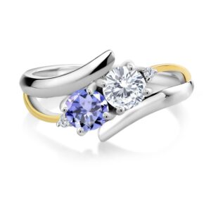 Gem Stone King 925 Silver and 10K Yellow Gold White Moissanite and Blue Tanzanite and White Moissanite 2-Stone Crossover Ring For Women (0.98 Cttw, Size 8)