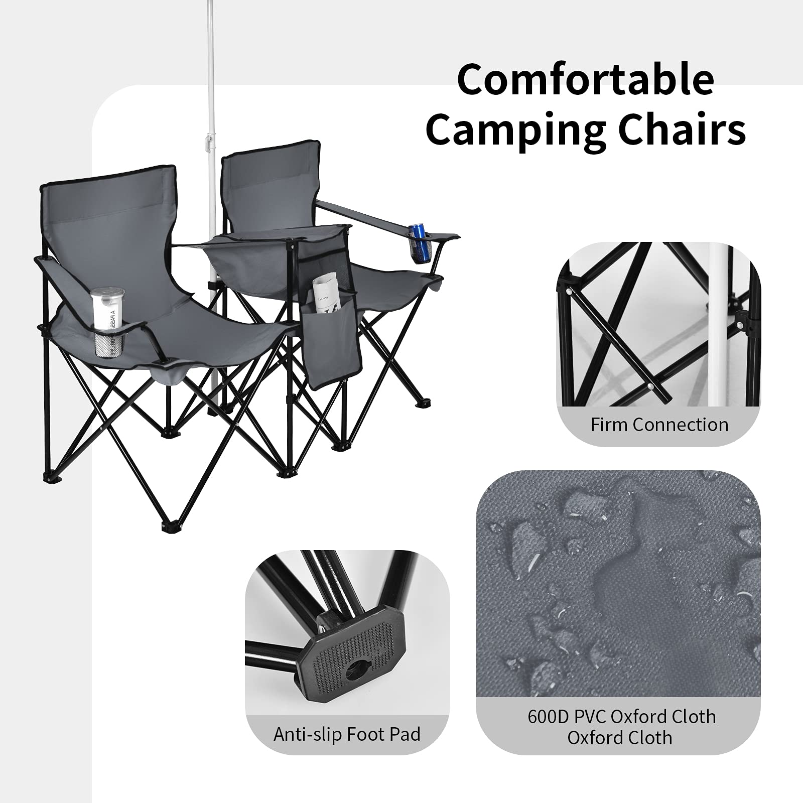 Goplus Double Camping Chair with Umbrella, Folding Loveseat Chairs w/Canopy Shade, Carrying Bag, Table, Cup Holder, Portable Beach Chairs Outdoor Picnic Patio (Grey)