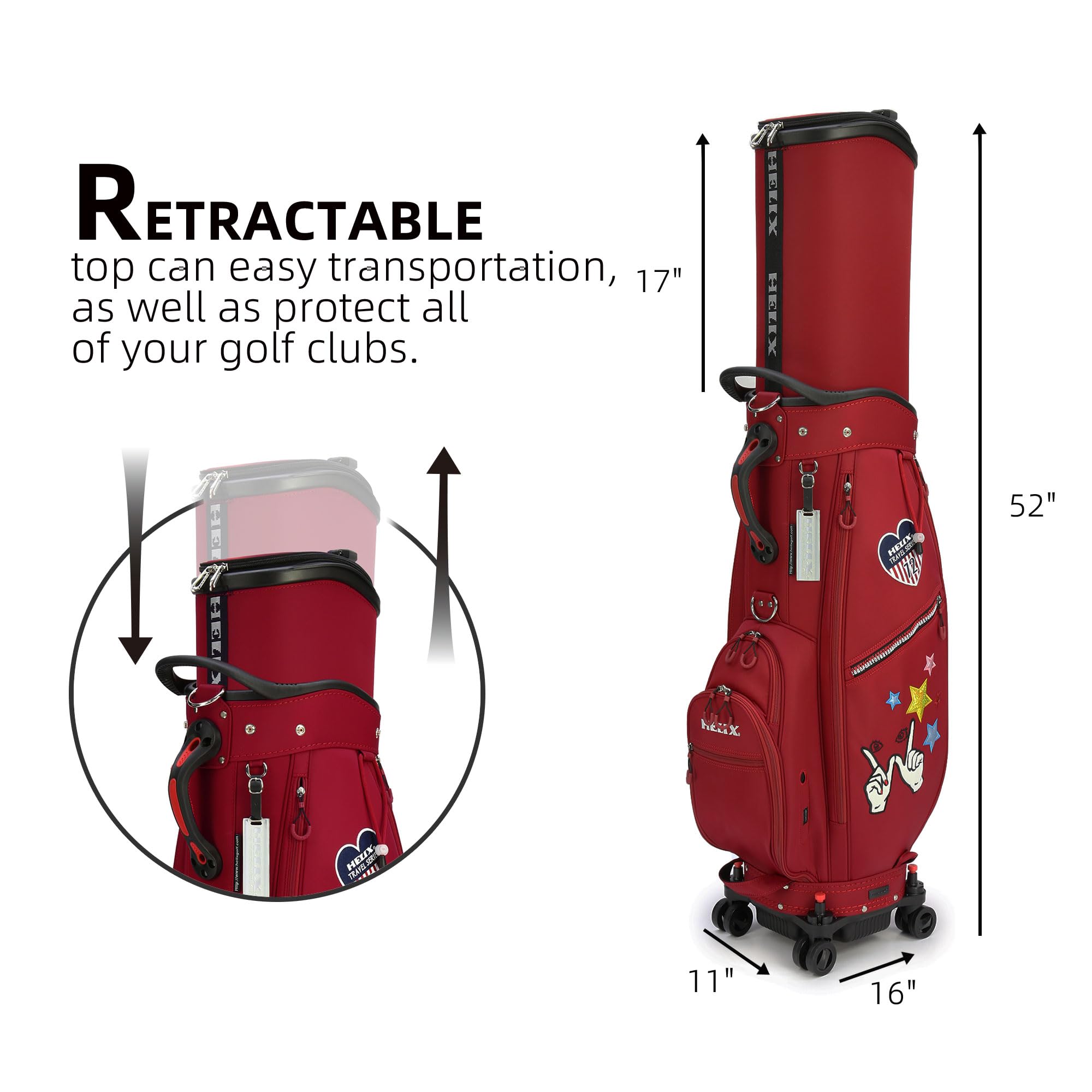 HELIX Women's Golf Bag with Wheels and Retractable Cover, Easy to Carry and Travel (Red)