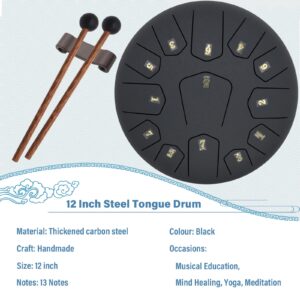 Steel Tongue Drum,12 Inch 13 Note Tank drum percussion instrument,C Key Handpan Drum with Drum Mallets Carry Bag,Beautifully Designed and Peaceful Sound