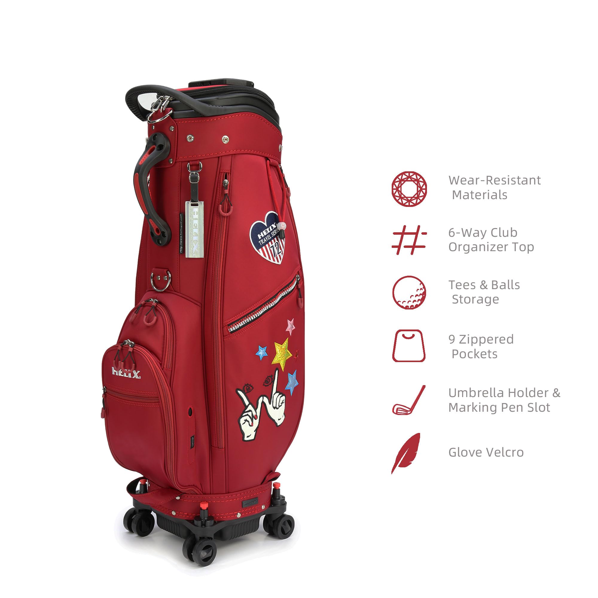 HELIX Women's Golf Bag with Wheels and Retractable Cover, Easy to Carry and Travel (Red)