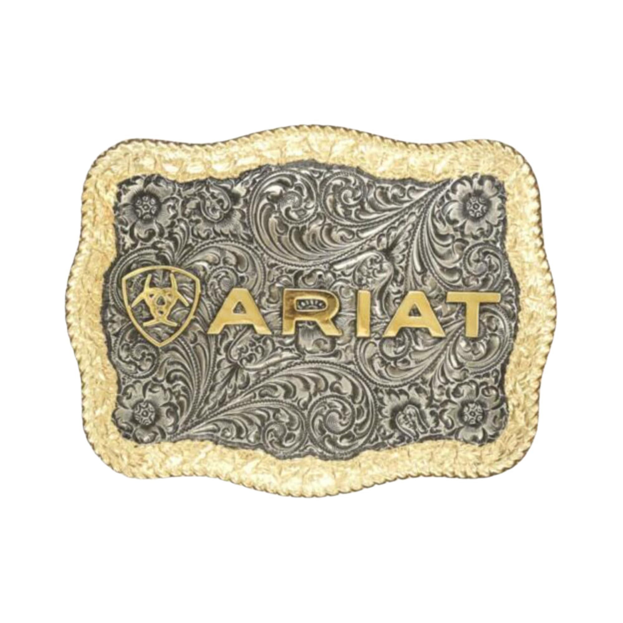 ARIAT Rectangle Buckle, Antique Silver and Gold Finish, Word and Shield Logo, 4-1/2" x 3-1/2"