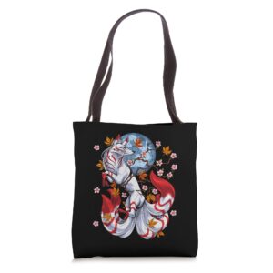 kitsune fox japanese nine tailed fox cherry blossom flowers tote bag