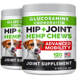 large breed hemp + glucosamine dog joint supplement - hemp chews for dogs hip joint pain relief - omega 3, chondroitin, msm - advanced mobility hemp oil treats for large dogs - made in usa - 240 ct