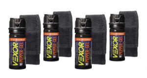 vexor® pepper gel from zarc™, maximum strength police pepper spray, gel is the future, full axis (360°) technology shoots from any angle 18-feet, flip-top safety and belt holster included (4 pack)