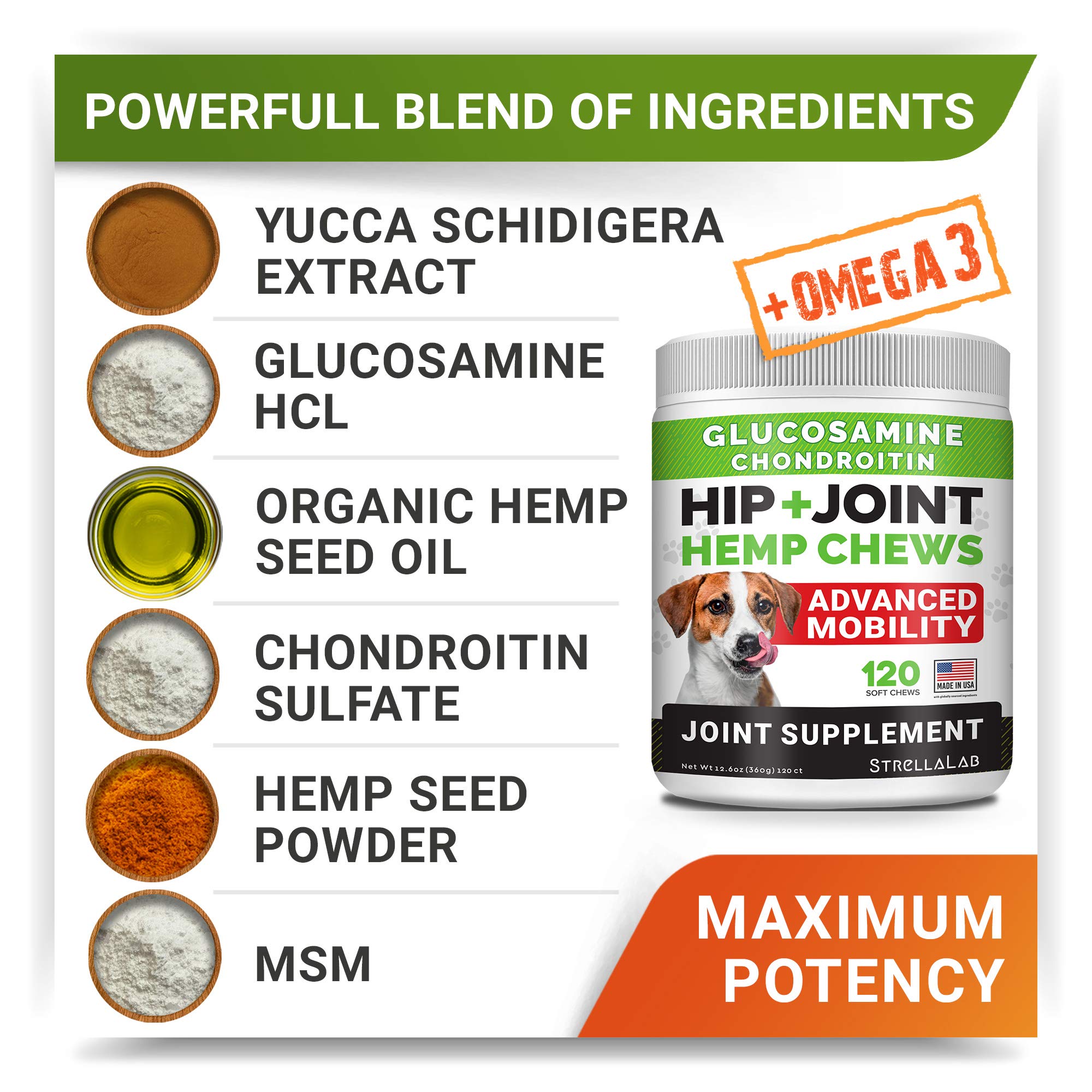 Large Breed Hemp + Glucosamine Dog Joint Supplement - Hemp Chews for Dogs Hip Joint Pain Relief - Omega 3, Chondroitin, MSM - Advanced Mobility Hemp Oil Treats for Large Dogs - Made in USA - 240 Ct