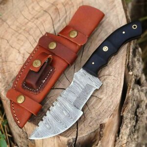 handmade tracker knife damascus knife for hunting camping - 10 inch damascus steel hunting tracker knife with horizontal carry sheath - fixed blade survival tactical full tang bushcraft knife (black micarta)