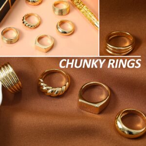 WFYOU 6PCS 18K Gold Plated Thick Dome Chunky Rings for Women Braided Twisted Signet Chunky Gold Ring Set Minimalist Statement Ring Jewelry Size 5-10