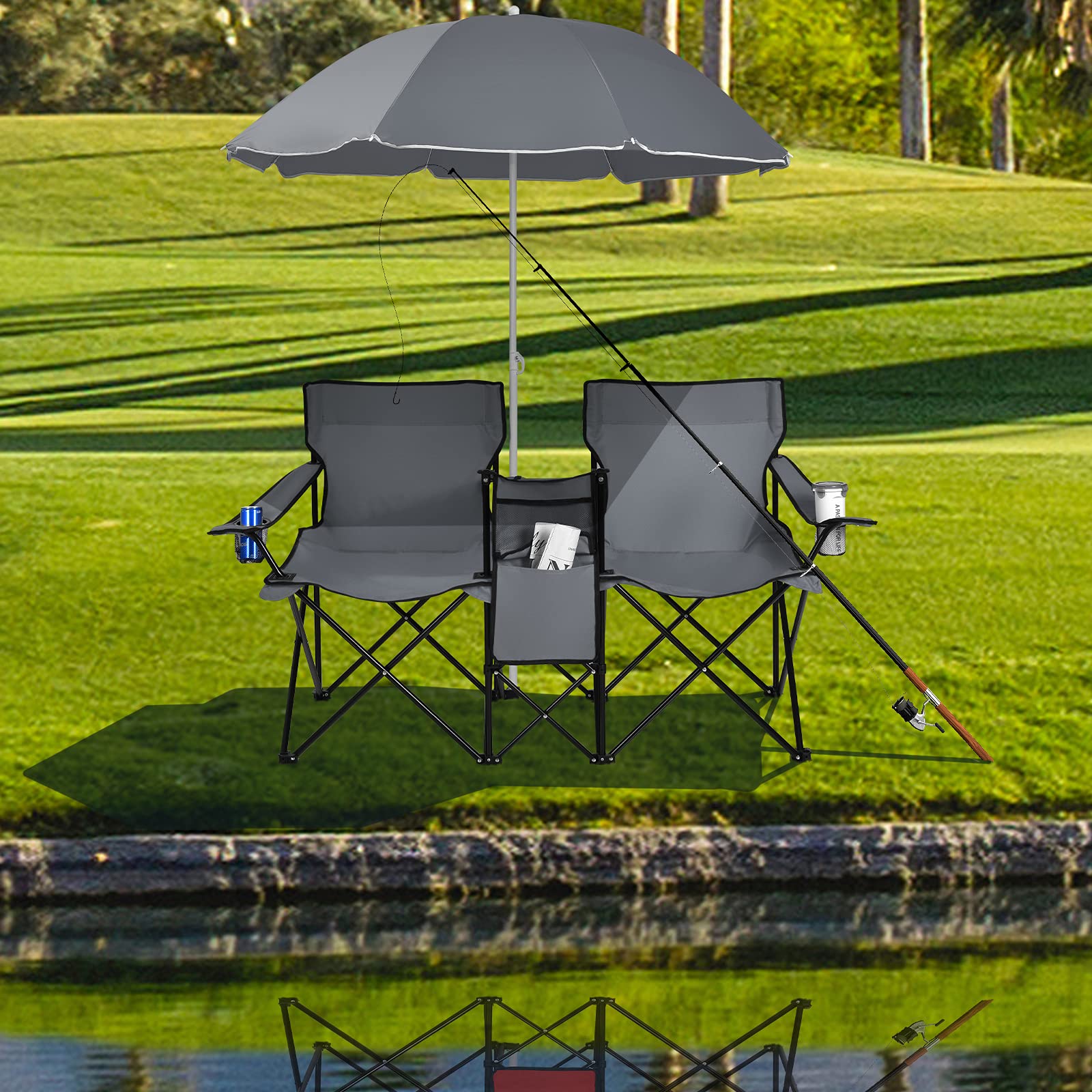 Goplus Double Camping Chair with Umbrella, Folding Loveseat Chairs w/Canopy Shade, Carrying Bag, Table, Cup Holder, Portable Beach Chairs Outdoor Picnic Patio (Grey)