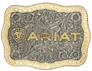 ariat rectangle buckle, antique silver and gold finish, word and shield logo, 4-1/2" x 3-1/2"