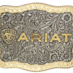 ARIAT Rectangle Buckle, Antique Silver and Gold Finish, Word and Shield Logo, 4-1/2" x 3-1/2"