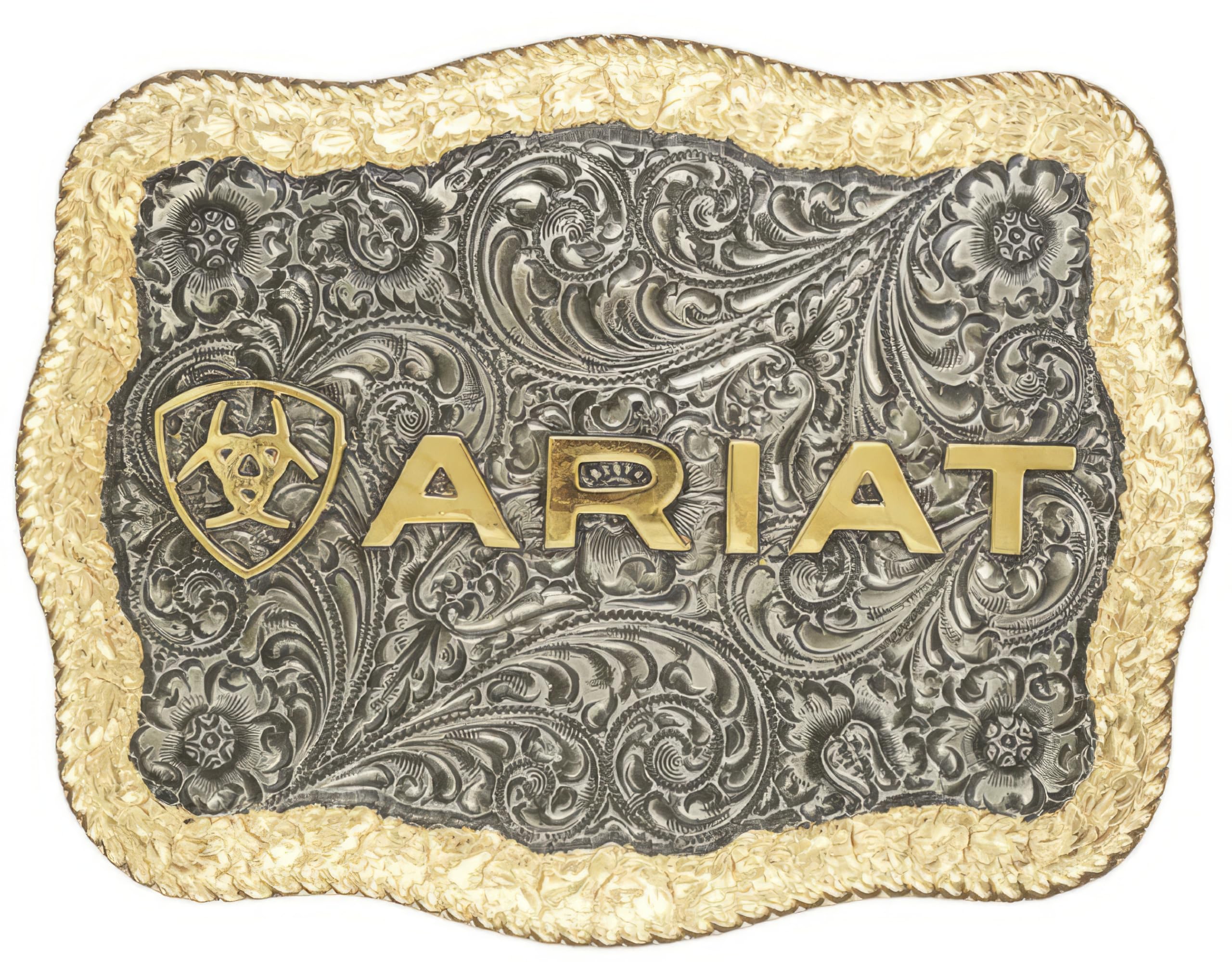 ARIAT Rectangle Buckle, Antique Silver and Gold Finish, Word and Shield Logo, 4-1/2" x 3-1/2"