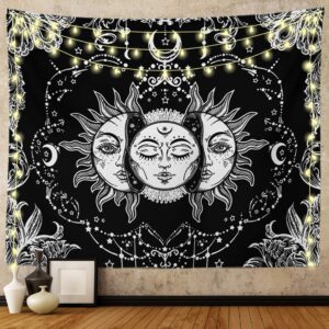 ftuency sun and moon tapestry black and white tapestries mystic burning sun with star wall hanging decor for bedroom(94.5" w x 70.9" l)