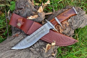 damascus hunting knife, handmade full tang knife - wood handle knife, hand forged fixed blade knife & bowi knife - camping knives & hiking knives, rose wood handle - leather knife sheath