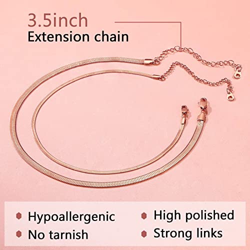 FindChic Rose Gold Layered Herringbone Necklace 12'' 15'' 2PCS Flat Snake Chain Set Dainty Choker Layering Stacked Minimalist Jewelry for Women