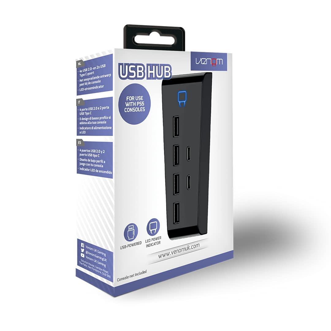 Venom PS5 USB Hub - 6-Port - Includes 4 x USB 2.0 and 2 x USB Type C (PS5)