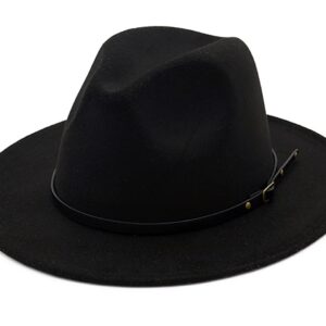 UTOWO Classic Black-Felt-Fedora-Hats-for-Women, Wide-Brim-Wool-Rancher-Panama Jazz Hat with Belt-Buckle