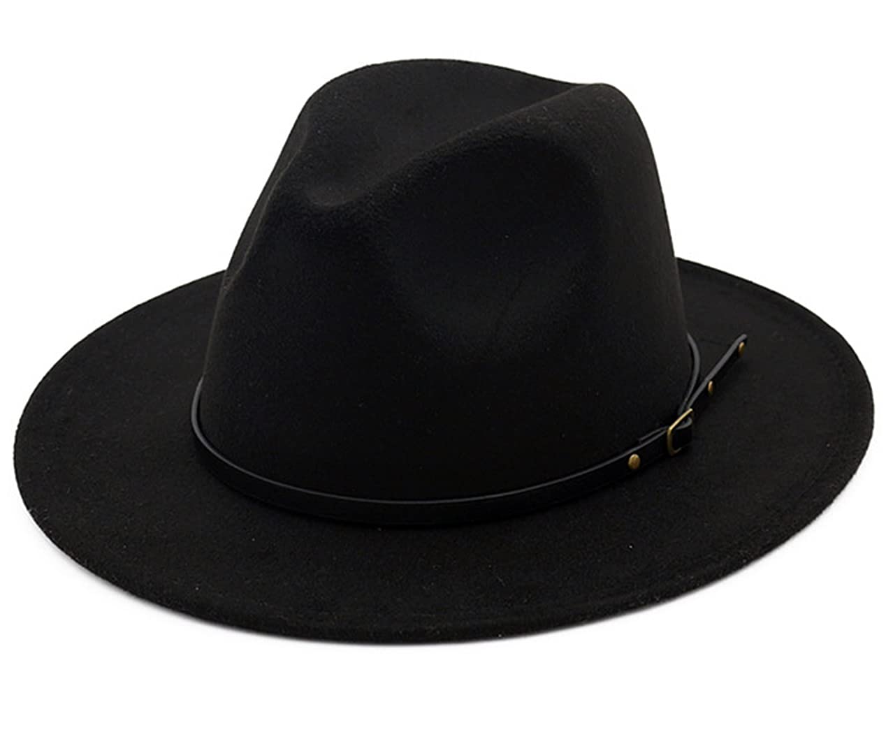 UTOWO Classic Black-Felt-Fedora-Hats-for-Women, Wide-Brim-Wool-Rancher-Panama Jazz Hat with Belt-Buckle