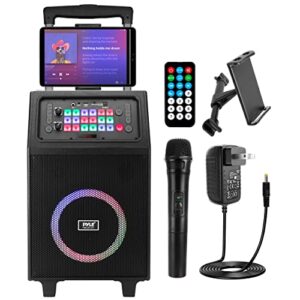 pyle portable karaoke pa speaker system - 600w 8” rechargeable bt speaker, tws, party lights, led display, fm/aux/mp3/usb/sd, wheels - wireless mic, remote control, tablet holder included - php18djt