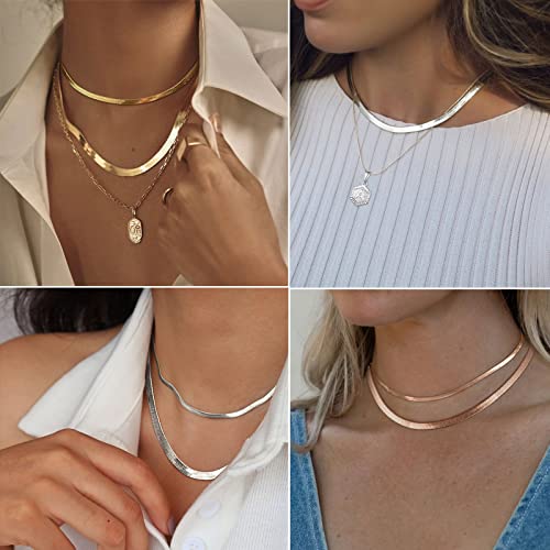 FindChic Rose Gold Layered Herringbone Necklace 12'' 15'' 2PCS Flat Snake Chain Set Dainty Choker Layering Stacked Minimalist Jewelry for Women