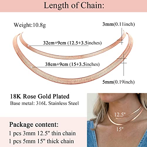 FindChic Rose Gold Layered Herringbone Necklace 12'' 15'' 2PCS Flat Snake Chain Set Dainty Choker Layering Stacked Minimalist Jewelry for Women