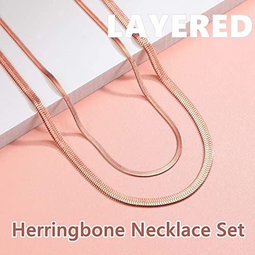 FindChic Rose Gold Layered Herringbone Necklace 12'' 15'' 2PCS Flat Snake Chain Set Dainty Choker Layering Stacked Minimalist Jewelry for Women