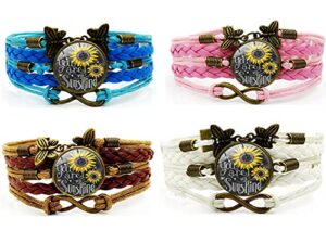 misslate 4pcs sunflower leather bracelets for womens present you are my sunshine bracelets for teen girls mom birthday gifts (multicolor)