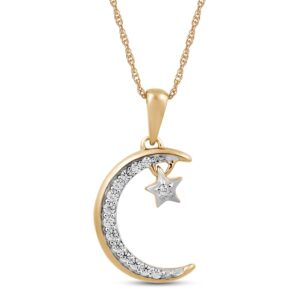 jewelili 10k yellow gold moon star pendant necklace with natural white round diamonds, 1/10 cttw, 18" gold filled rope chain