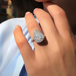 WDIYIEETN White Gold Plated Sterling Silver Teardrop Halo Pear Cut Cubic Zirconia CZ Crystal Engagement Wedding Ring for Women (9)