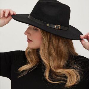 UTOWO Classic Black-Felt-Fedora-Hats-for-Women, Wide-Brim-Wool-Rancher-Panama Jazz Hat with Belt-Buckle