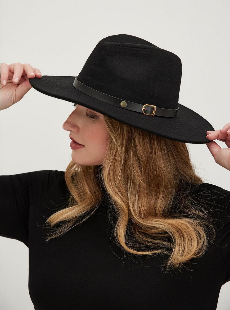 UTOWO Classic Black-Felt-Fedora-Hats-for-Women, Wide-Brim-Wool-Rancher-Panama Jazz Hat with Belt-Buckle