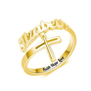 cross ring with personalized name open name plate adjustable custom ring gift for women teen girl (gold, sterling silver)