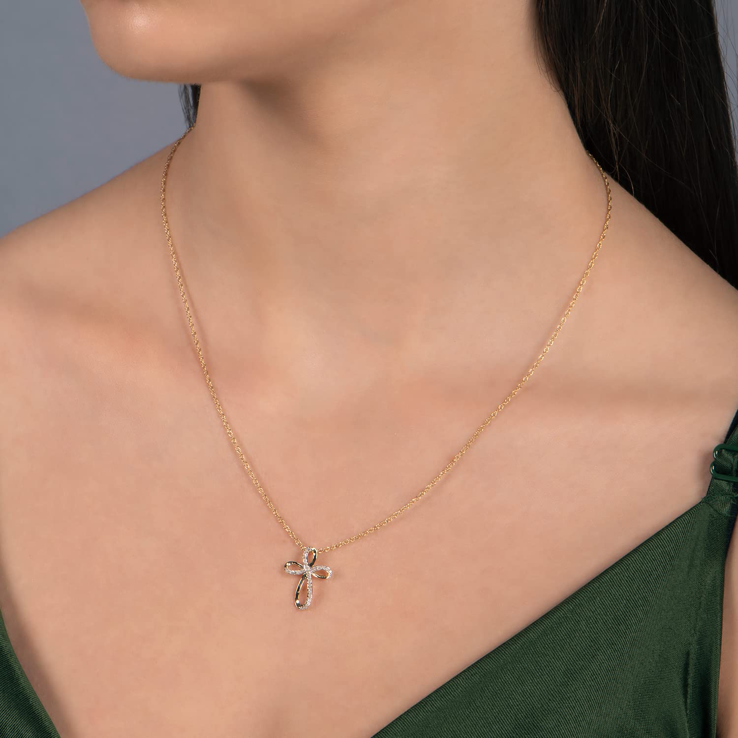 Jewelili 10K Yellow Gold 1/10 Cttw Natural White Round Diamond Cross Pendant Eternal Treasures Necklace, 18" Gold Filled Rope Chain