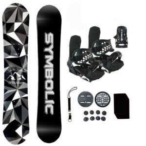 symbolic platinum 2025 kids youth snowboard & bindings & leash & stomp pad package (bindings white xs (fits 1-6 kids), 135cm snowboard)