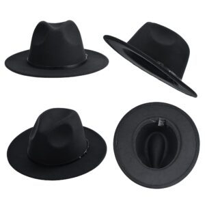 UTOWO Classic Black-Felt-Fedora-Hats-for-Women, Wide-Brim-Wool-Rancher-Panama Jazz Hat with Belt-Buckle