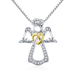 rukyf 925 sterling silver cubic zirconia guardian angel pendant necklace for women rose gold heart jewelry unique gifts for women