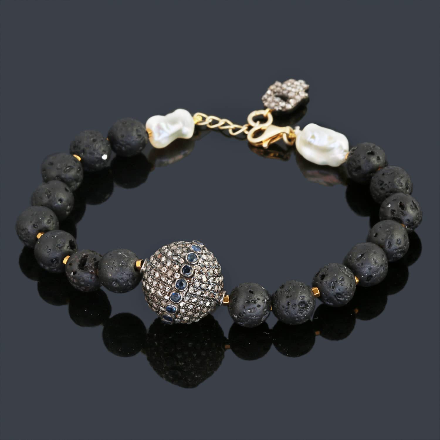 Gemstone Precious Beads Hamsa Charm 925 Sterling Silver Bracelet – 54.69 Carat Black Mix Stone 0.80 Cts Sapphire 6.58 cts Pearl 2.44 Cts Natural Brown Diamonds (I2-I3 Clarity) Chain Link Bracelets