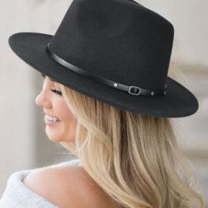 UTOWO Classic Black-Felt-Fedora-Hats-for-Women, Wide-Brim-Wool-Rancher-Panama Jazz Hat with Belt-Buckle