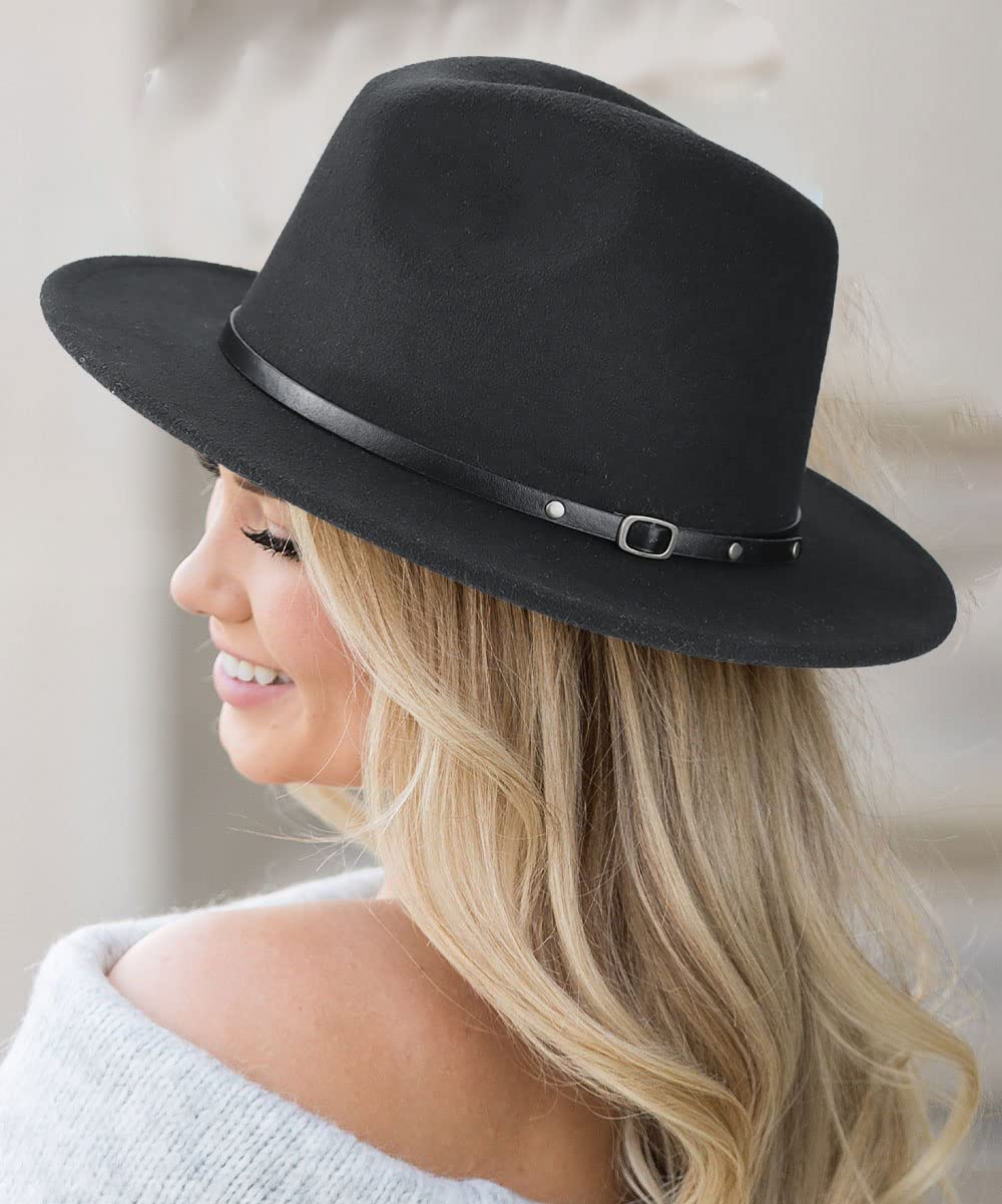 UTOWO Classic Black-Felt-Fedora-Hats-for-Women, Wide-Brim-Wool-Rancher-Panama Jazz Hat with Belt-Buckle