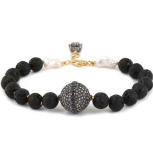 Gemstone Precious Beads Hamsa Charm 925 Sterling Silver Bracelet – 54.69 Carat Black Mix Stone 0.80 Cts Sapphire 6.58 cts Pearl 2.44 Cts Natural Brown Diamonds (I2-I3 Clarity) Chain Link Bracelets