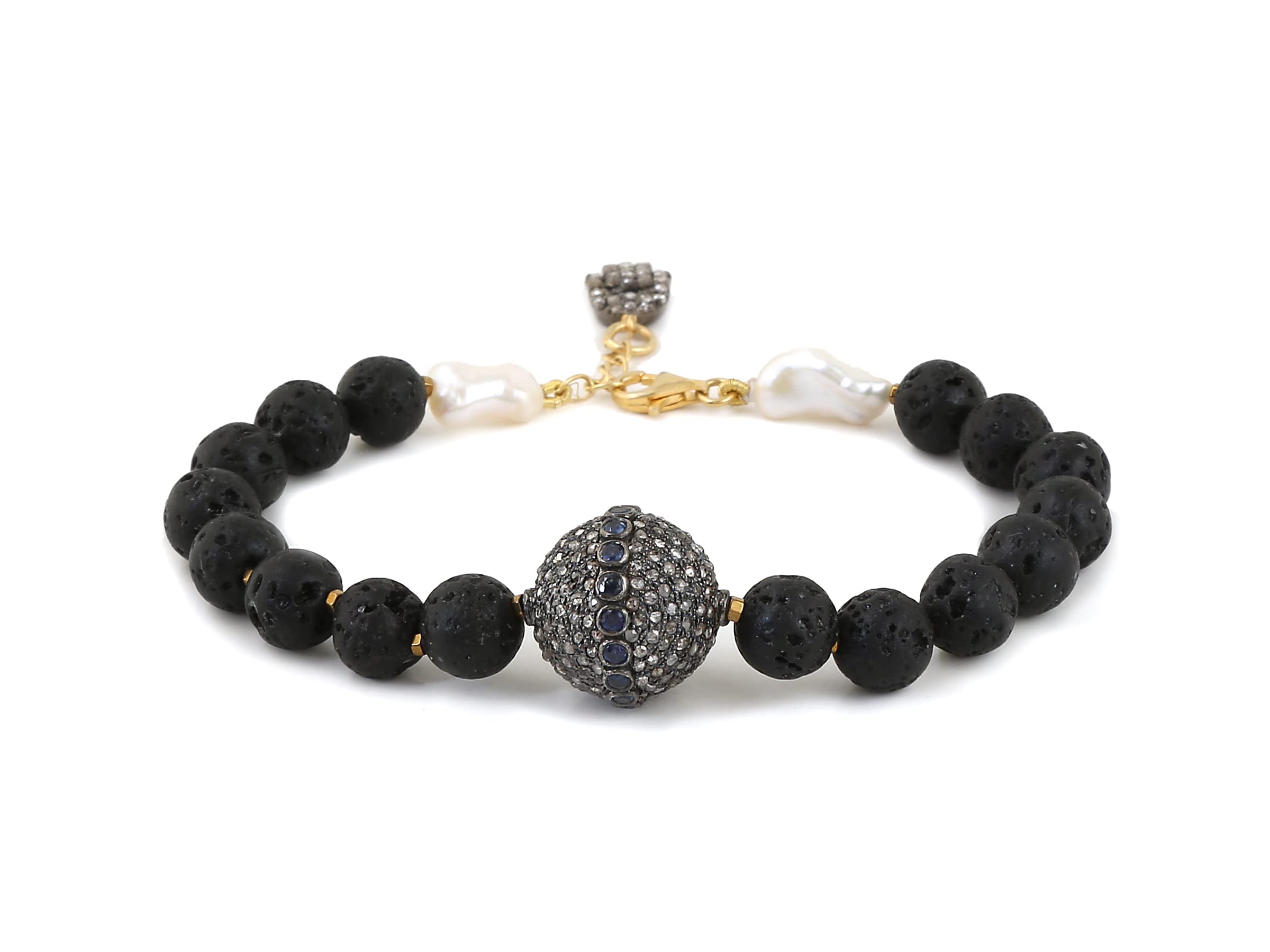 Gemstone Precious Beads Hamsa Charm 925 Sterling Silver Bracelet – 54.69 Carat Black Mix Stone 0.80 Cts Sapphire 6.58 cts Pearl 2.44 Cts Natural Brown Diamonds (I2-I3 Clarity) Chain Link Bracelets