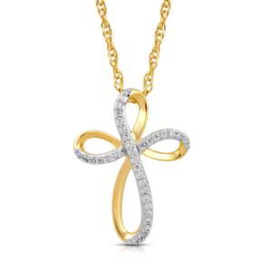 jewelili 10k yellow gold 1/10 cttw natural white round diamond cross pendant eternal treasures necklace, 18" gold filled rope chain