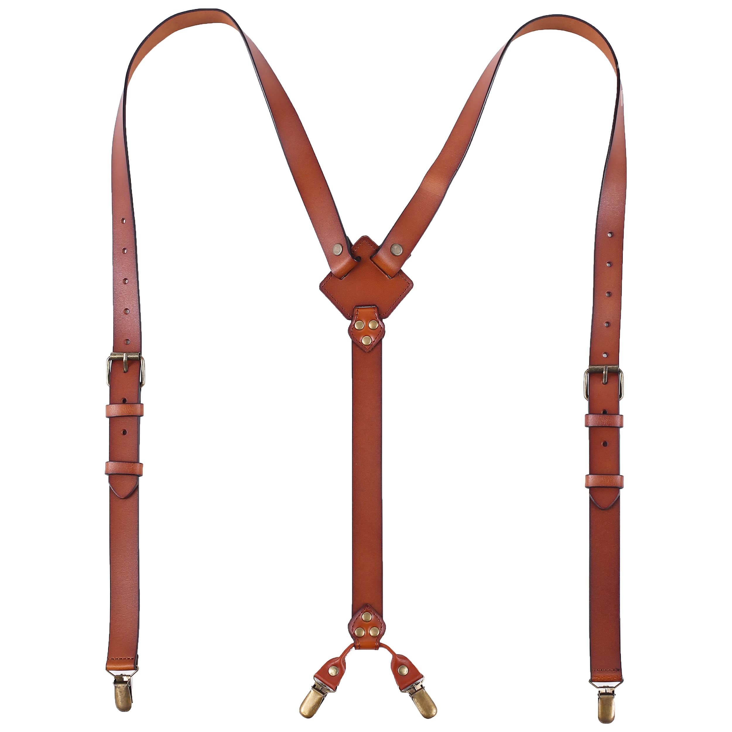 PAHVRION Leather Suspenders For Men 43.7-49.6Inch Y-Back Adjustable Brown Gneuine Leather Suspenders Groomsmen Gift for Wedding